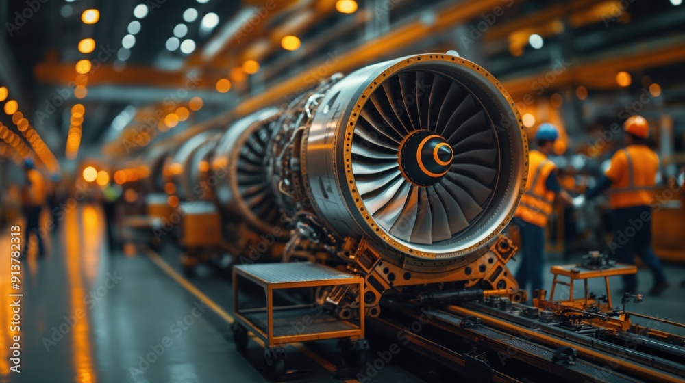 Jet Engine Inspection in Aircraft Factory. Workers in safety gear ...