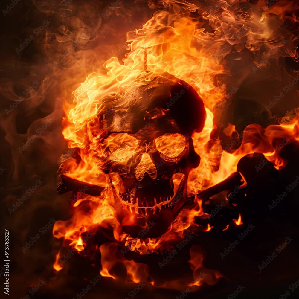 Skull and crossbones symbol, engulfed in flames, is depicted on a dark ...