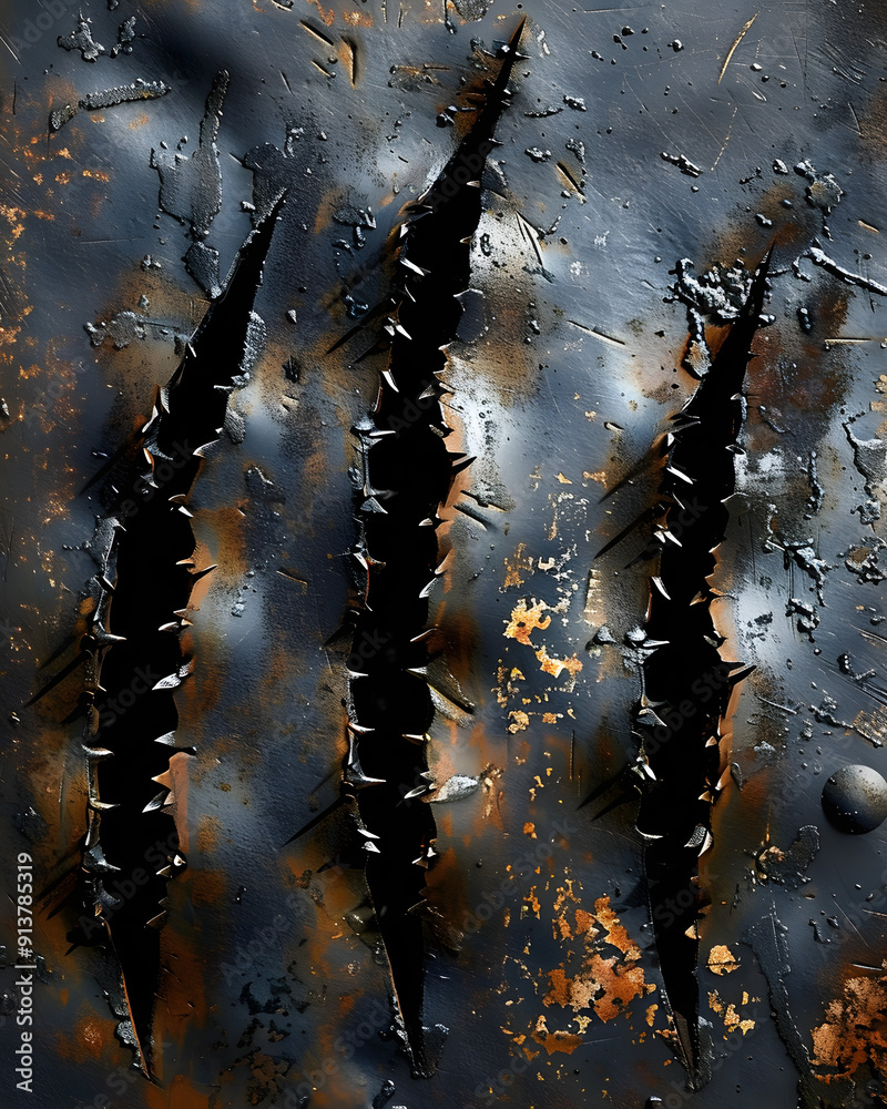steel metal background, claw marks have slashed through the metal, deep ...