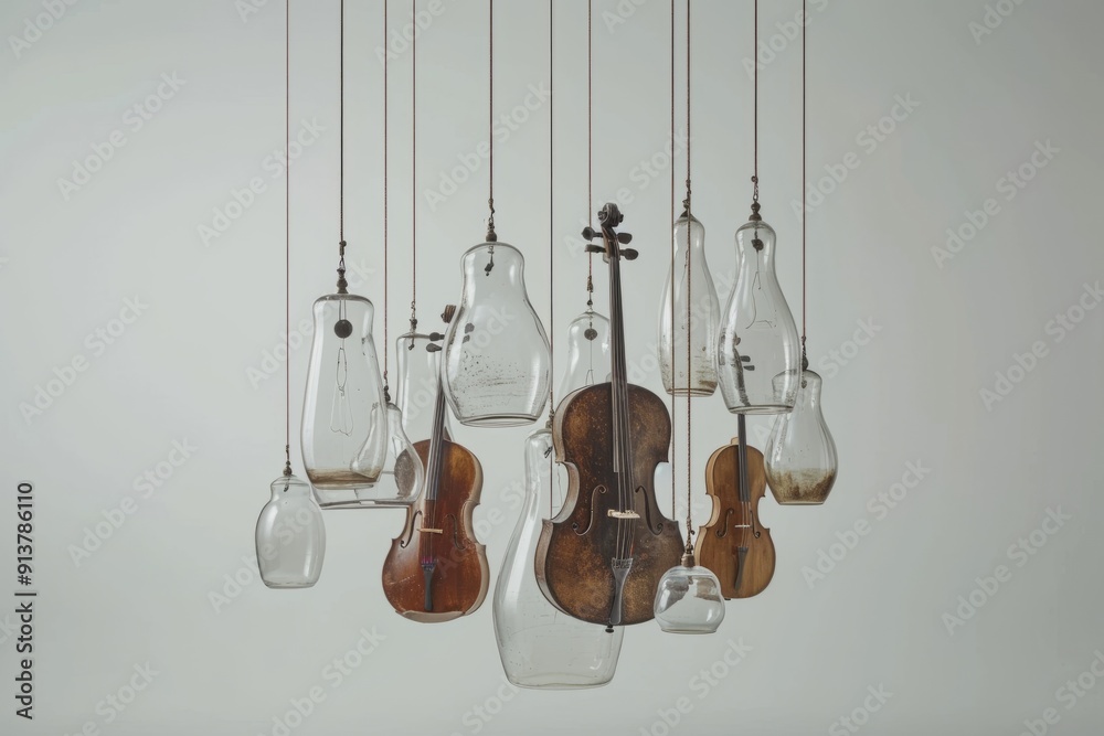 A minimalist photograph showcasing a series of antique bell jars, each ...