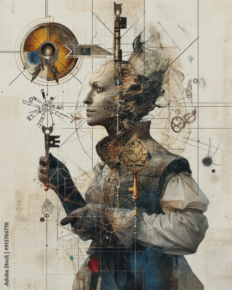 A mixed-media artwork depicting a person holding an old-fashioned key ...