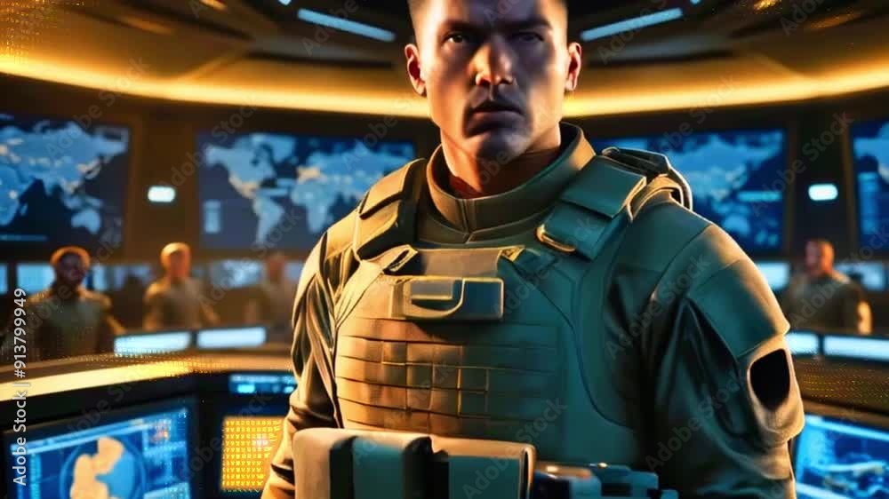 A soldier in tactical gear stands in front of a control room with ...