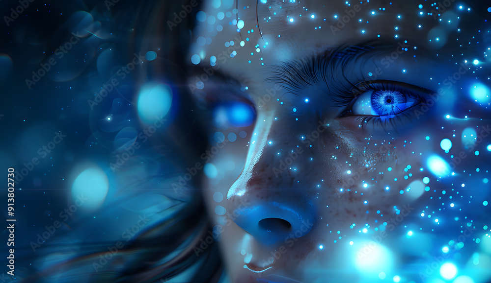 Virtual Visionary, Showcase an abstract digital face with visionary ...