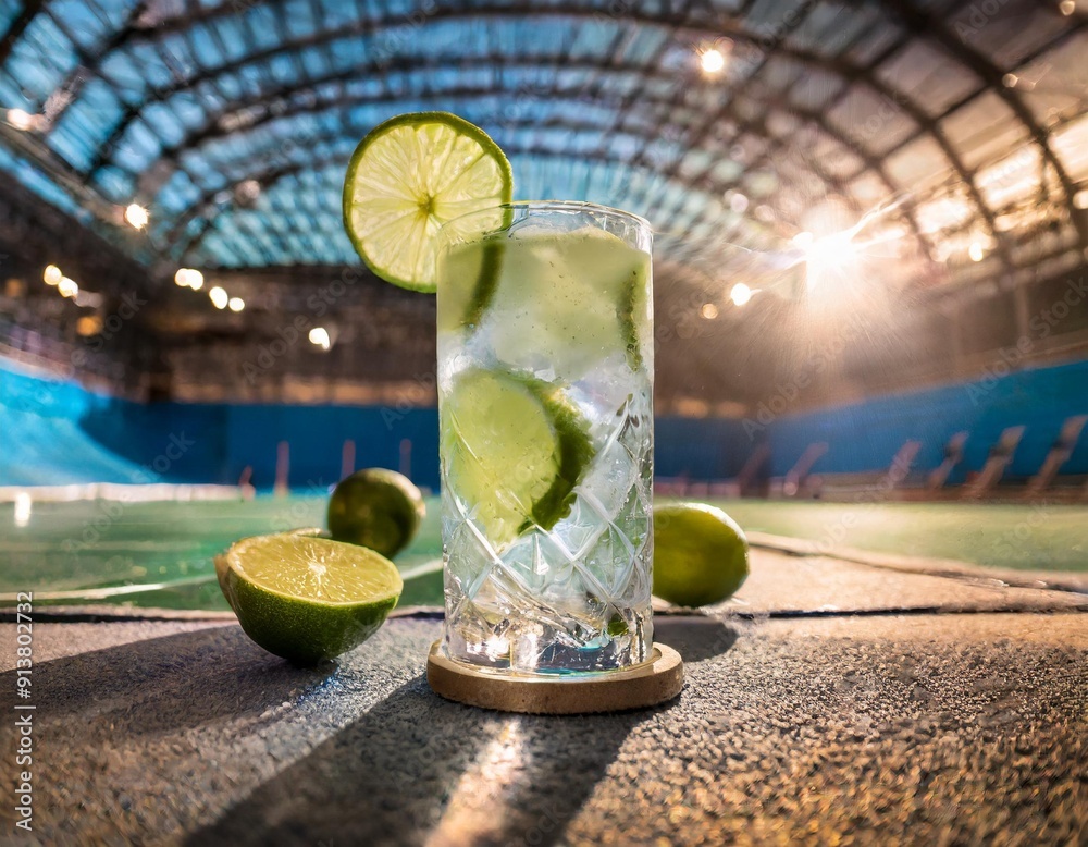 Cinematic wide angle photograph of a gin tonic sparkling cocktail with ...