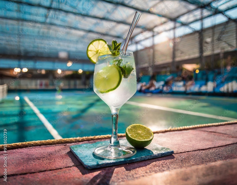 Cinematic wide angle photograph of a gin tonic sparkling cocktail with ...