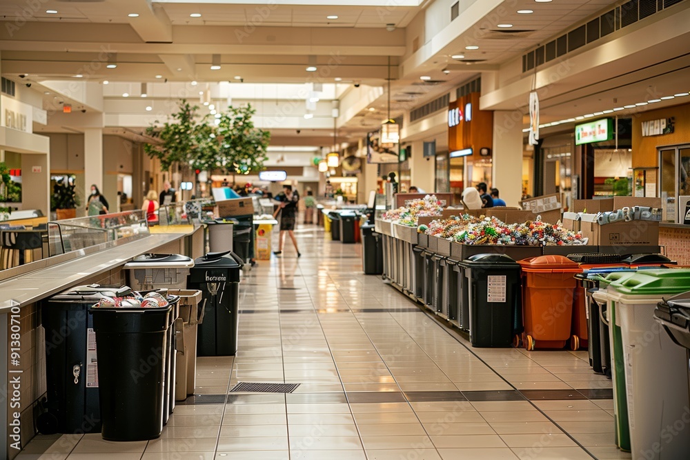Busy Shopping Center Food Court with Waste Sorting Stations for ...