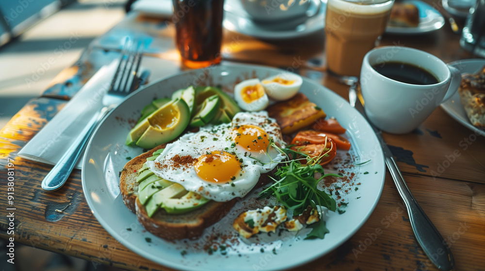 a typical Australian breakfast, including avocado toast with poached ...