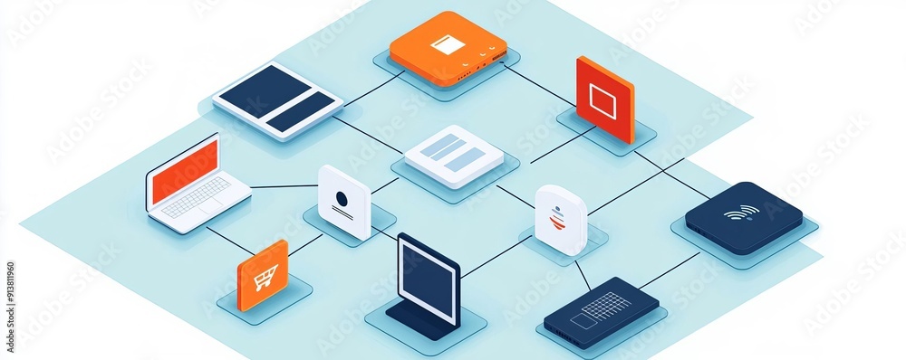 Digital network map connecting various devices with CRM icons, CRM ...