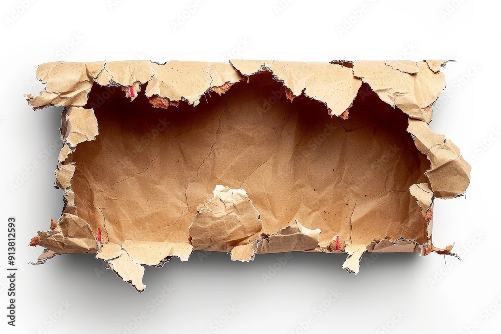 Torn paper with irregular edges, taped together with visible paper tape ...