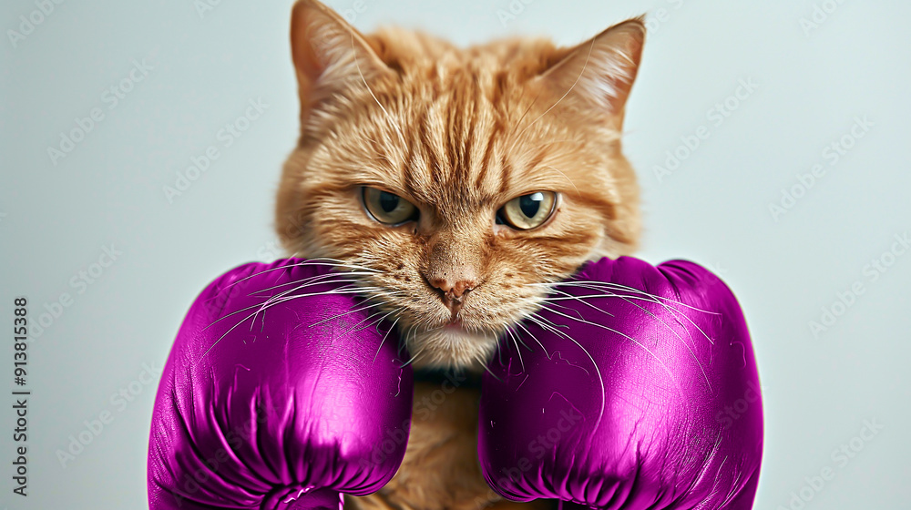 Cute Orange tabby cat with angry face wearing big black boxing gloves ...