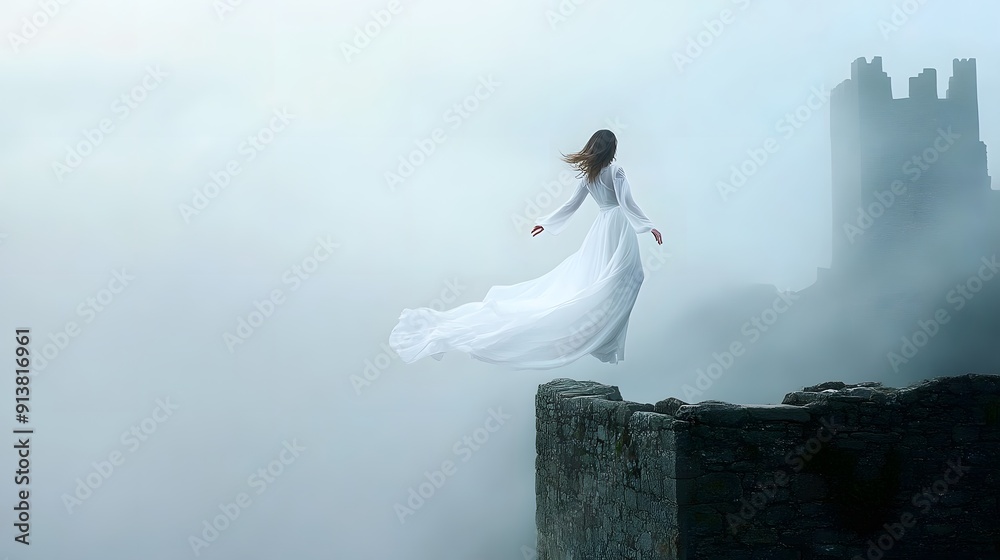Apparition of a woman in white, floating over an ancient castle ...