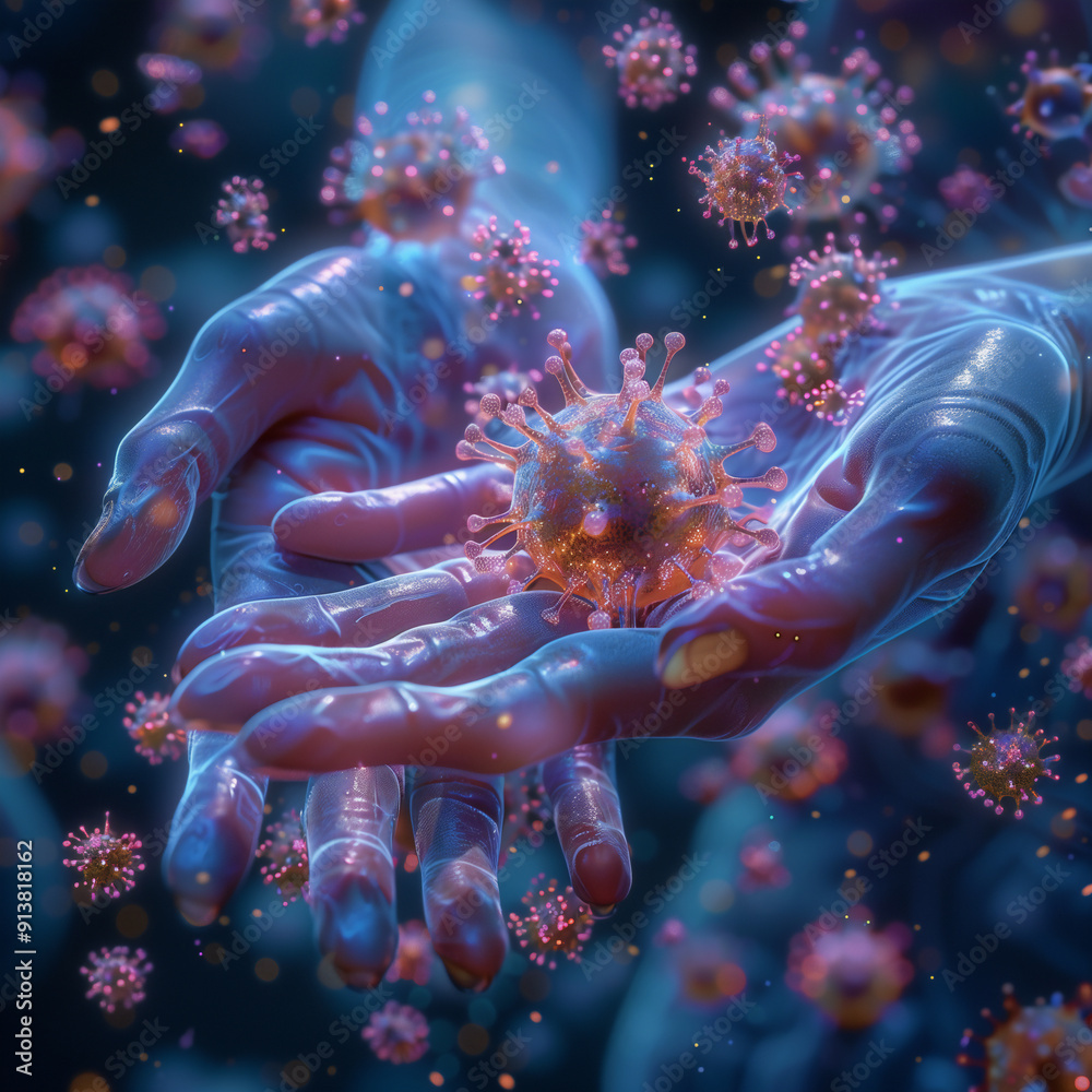 A close-up of open hands, with a visual overlay of colorful, glowing ...