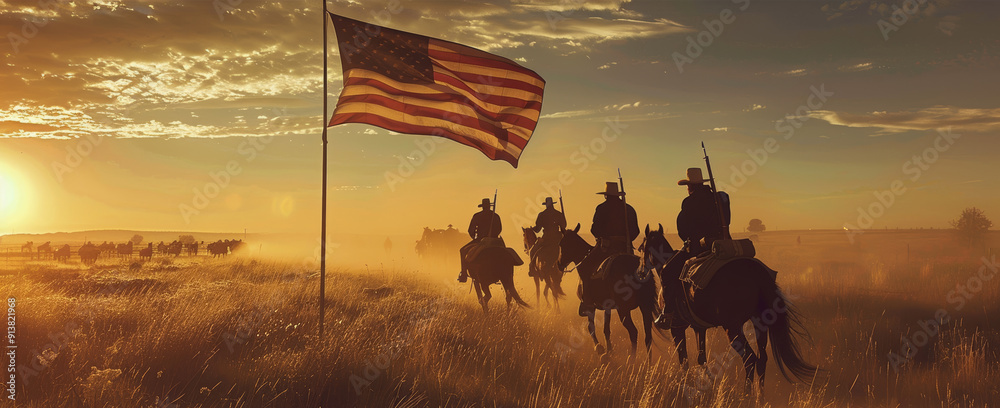 Wild West Cavalry Unit on Horseback with American Flag at Sunset ...