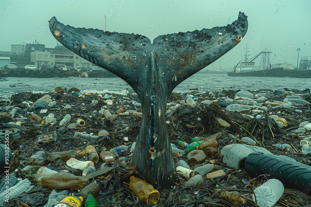 A striking image of a whale tail sculpture rising from a polluted shore ...