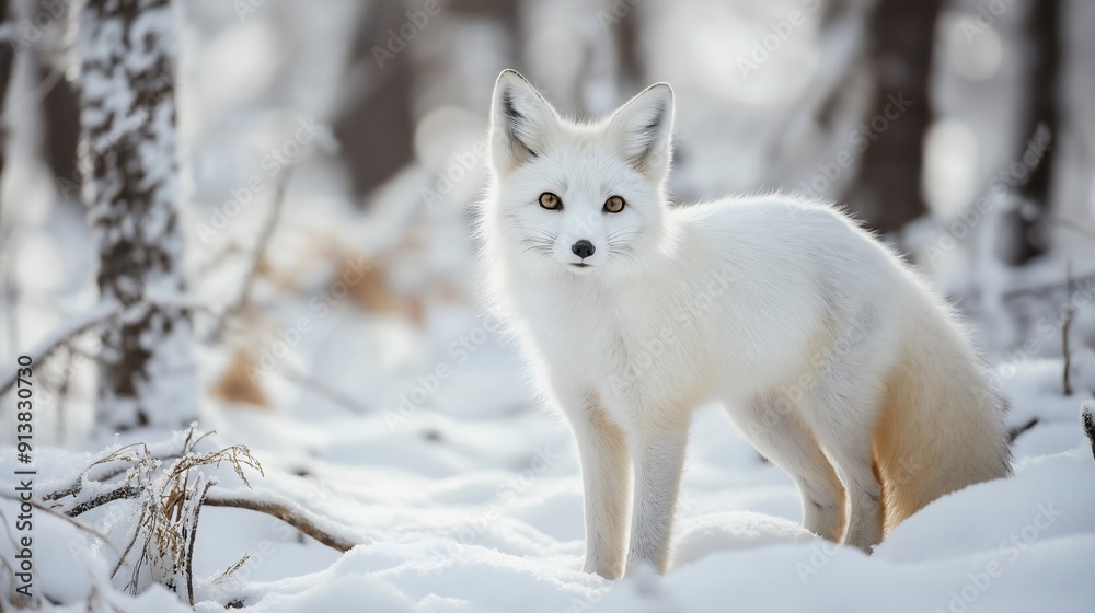 Beautiful Arctic fox a cute mammal with clean white fur, standing in a ...
