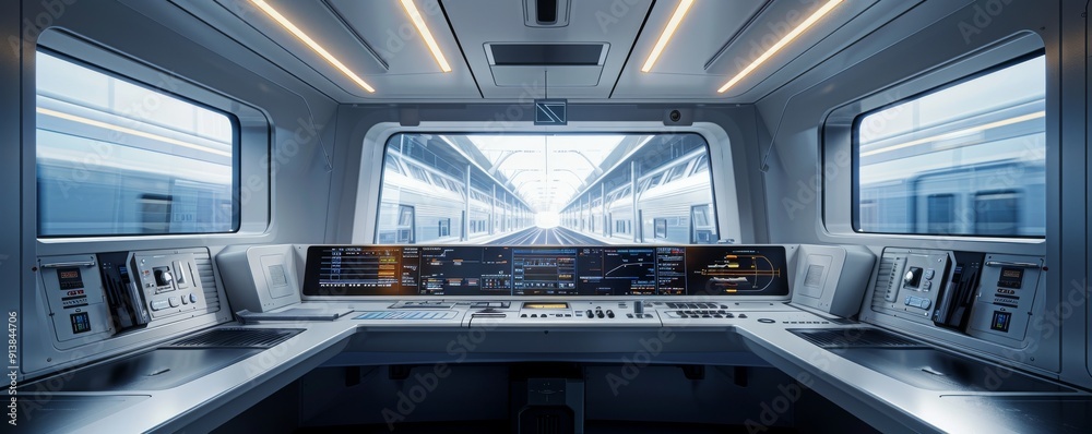 High-speed train cockpit with autumn forest view and glowing rail ...