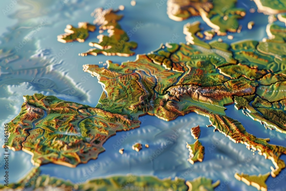 A detailed 3D topographic map of Europe, highlighting the varied ...