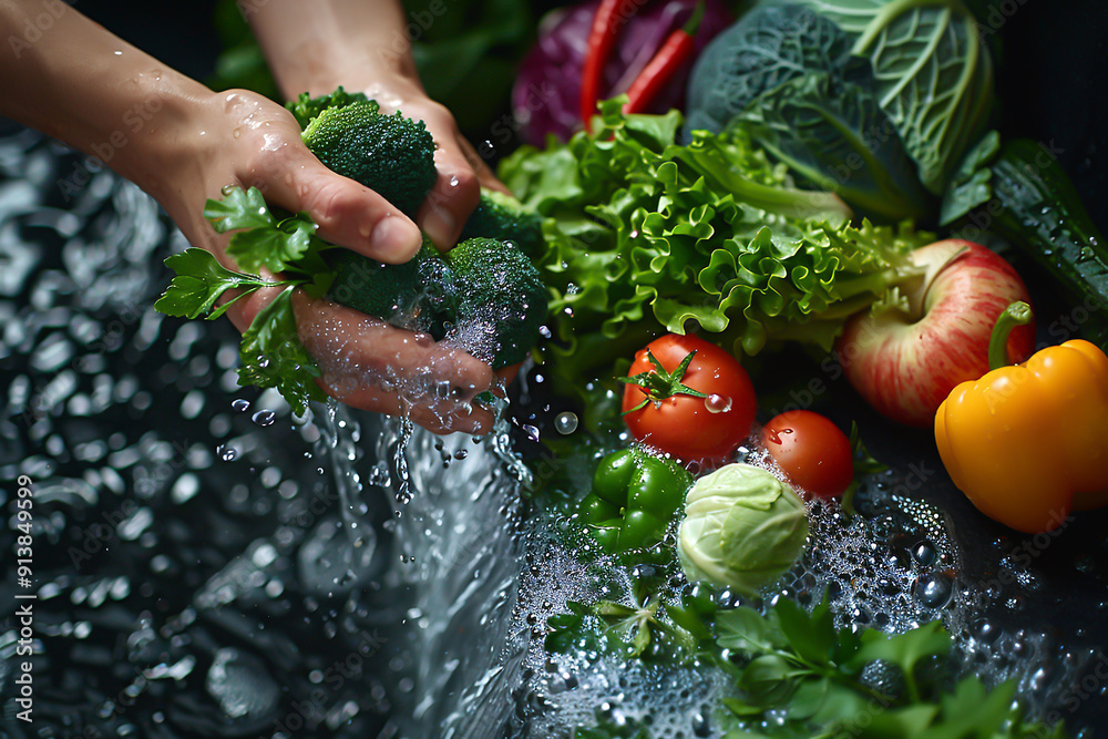 Hands washing fresh vegetables under a faucet, cooking theme, top view ...