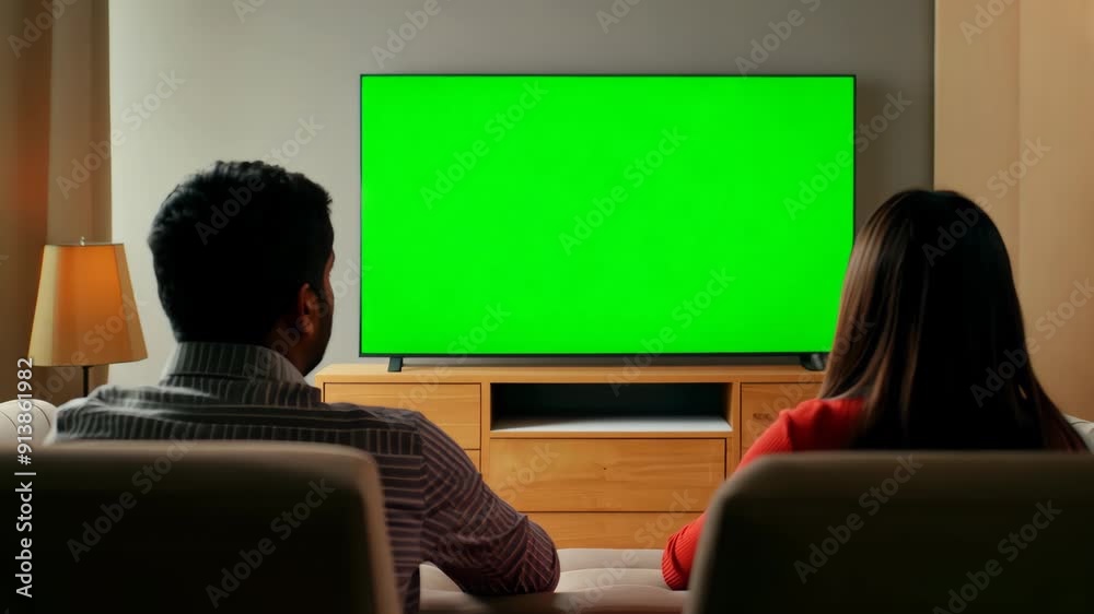 Romantic fun couple watch green screen tv together at home. Modern ...