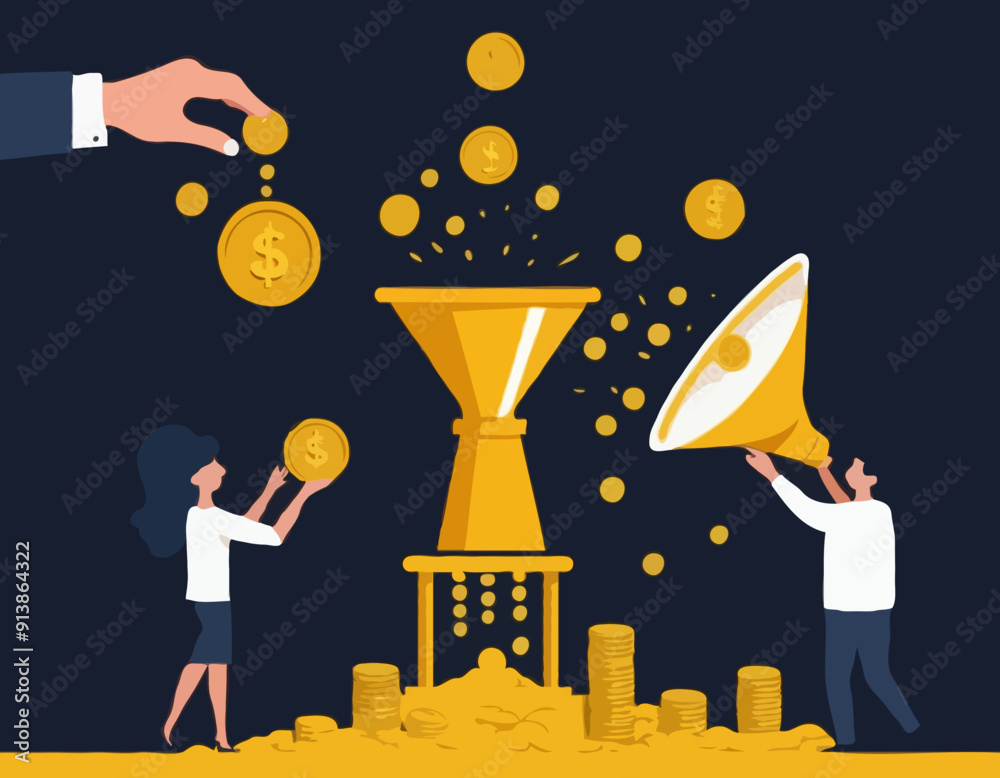 Marketing funnel, tiny people throwing bulb into machine to convert ...