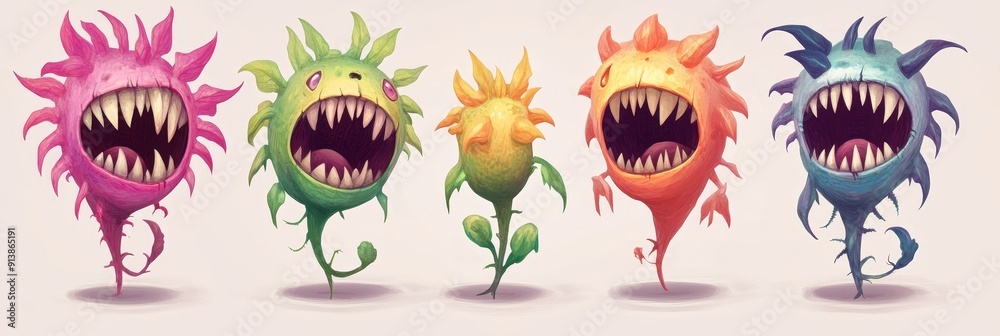 Monster plants with fantasy flower heads with eyes, mouths, and teeth ...