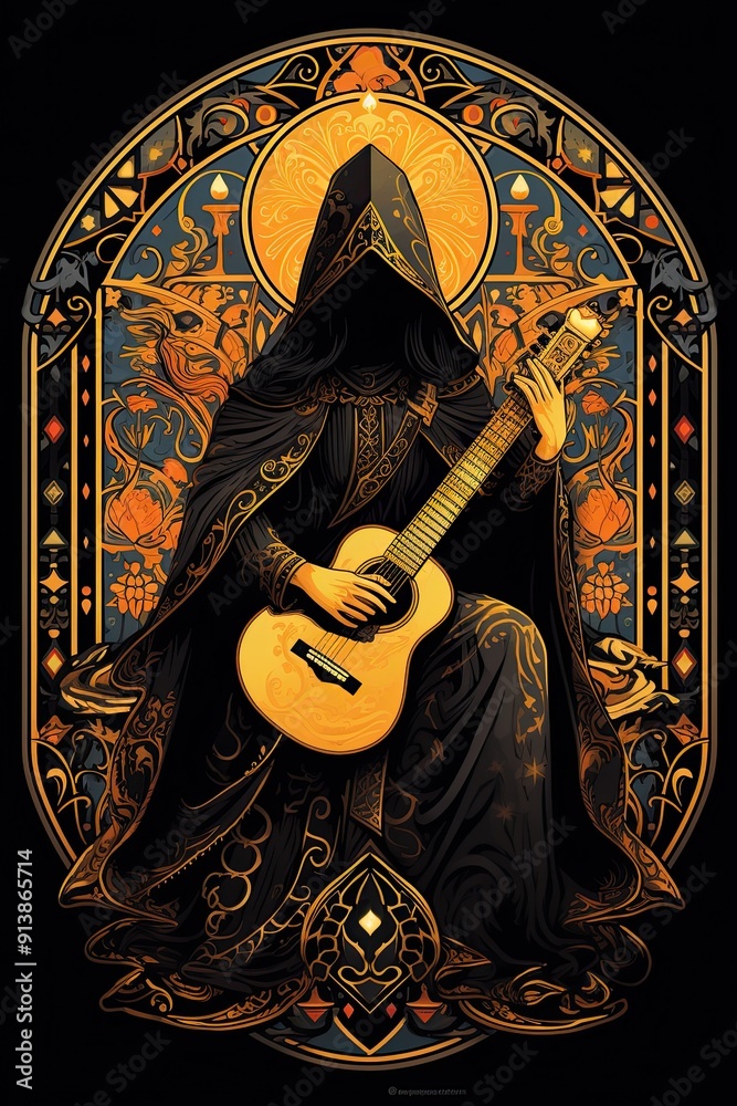 Mysterious Shadowy Figure Playing Guitar with Hidden Face in Dark ...