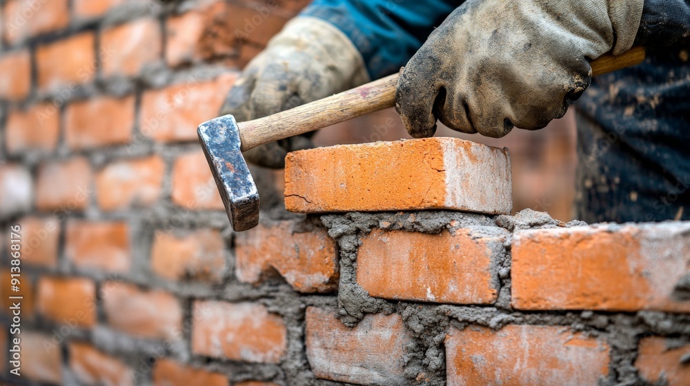 Bricklayer construction worker using a brick hammer to adjust bricks ...