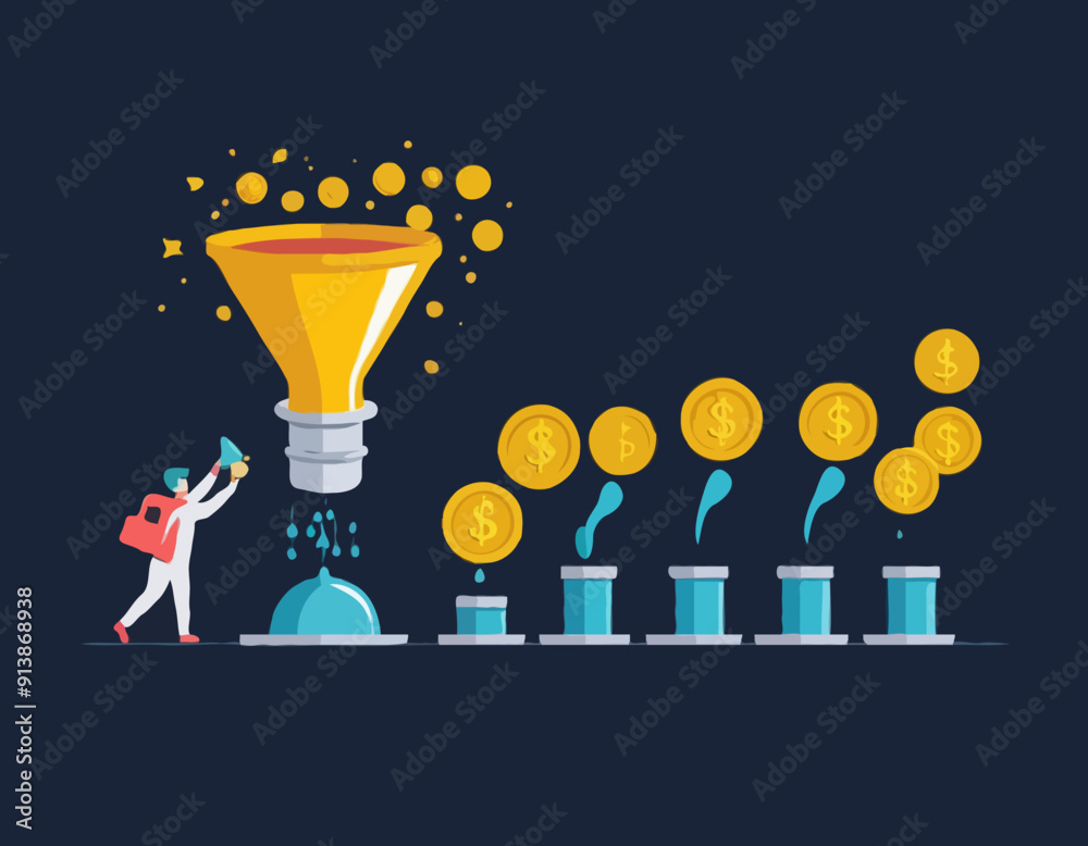 Marketing funnel, tiny people throwing bulb into machine to convert ...
