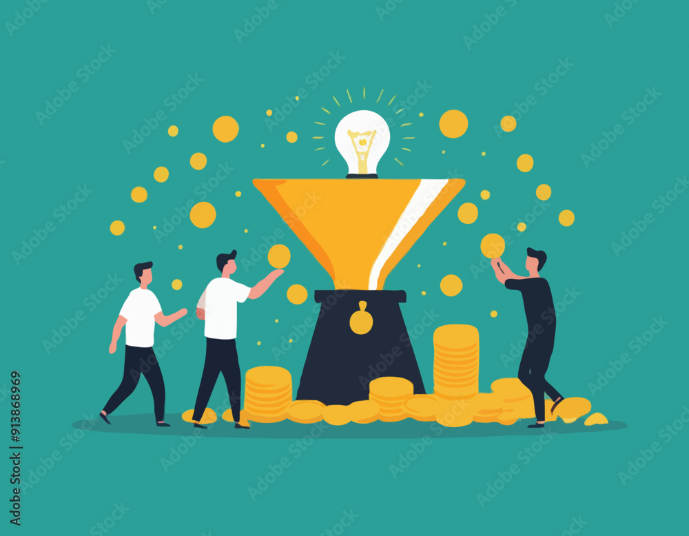 Marketing funnel, tiny people throwing bulb into machine to convert ...