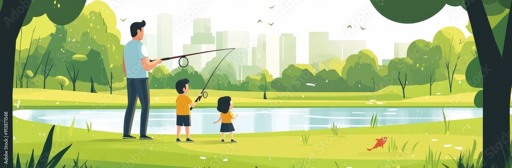 Taking a swim in the city lake while children catch fish. Modern ...