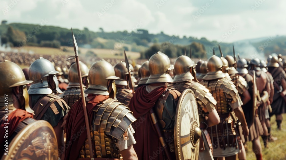 A regiment of Roman soldiers in full armor, shields, and helmets form a ...