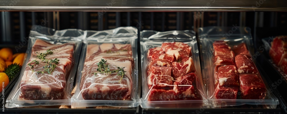 High-resolution image of vacuum-sealed fresh raw beef steaks in ...