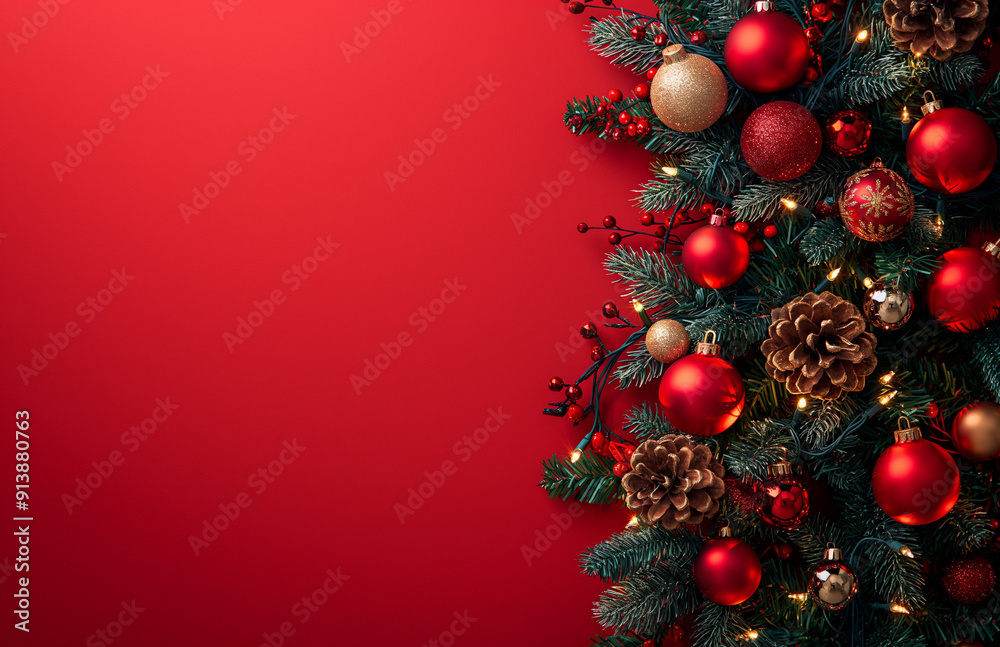 A beautifully decorated Christmas tree on red background Stock Photo ...
