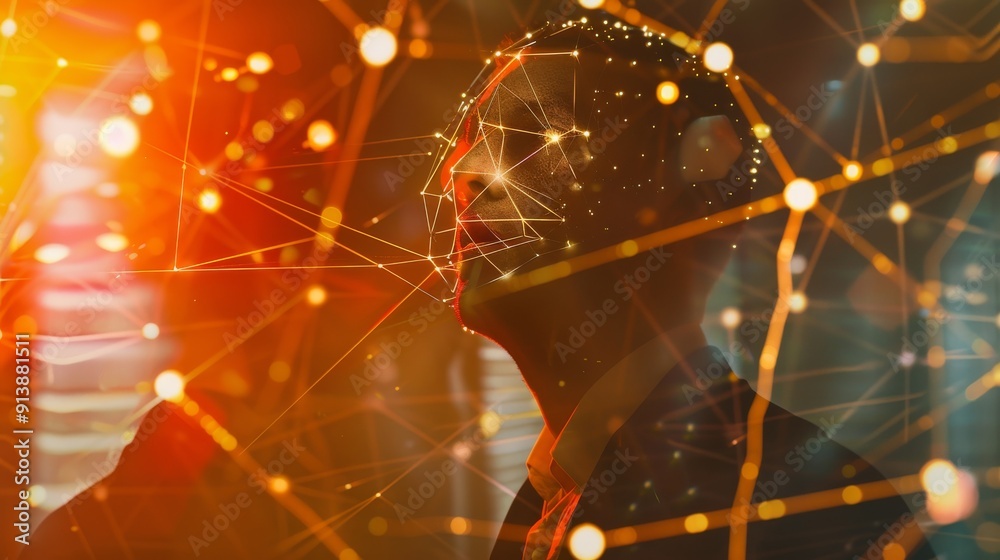 Overlay of bright, connected nodes on a person's profile, symbolizing ...