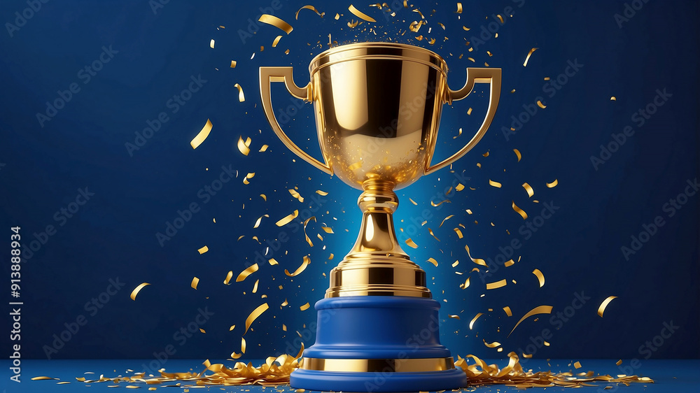 blue and gold trophy with flames at the top, surrounded by a flurry of ...