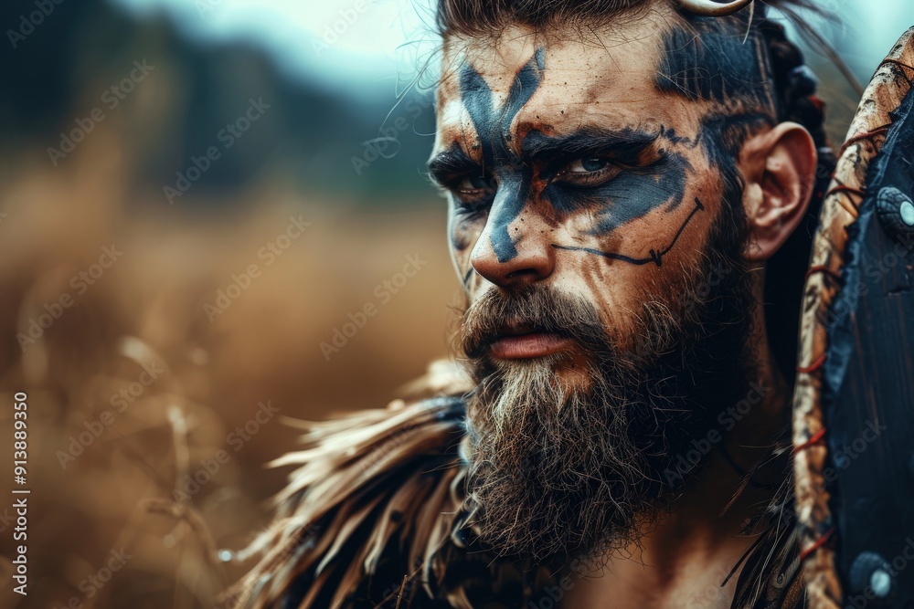 A fierce Celtic warrior adorned with tribal face paint and rugged ...