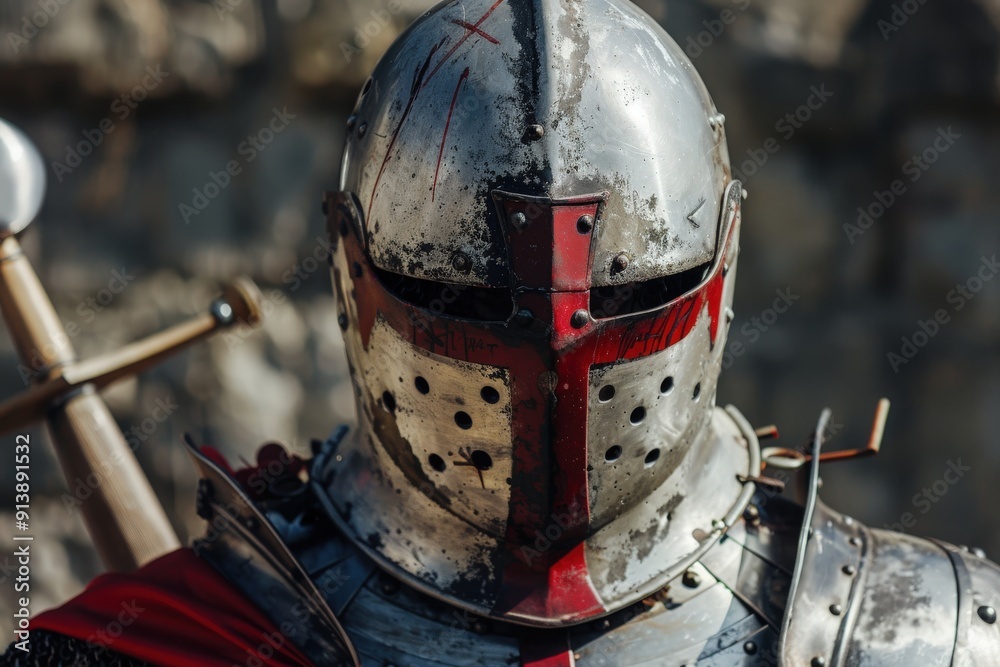 A fierce crusader warrior stands valiantly, clad in worn armor, his ...