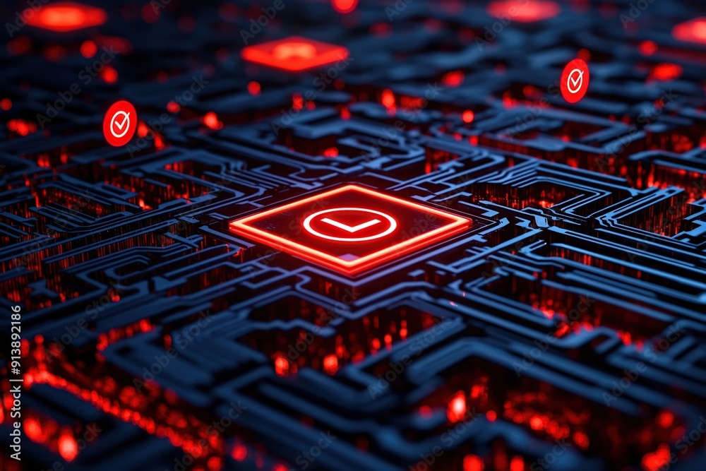 Futuristic digital circuit with glowing red accents and verification ...