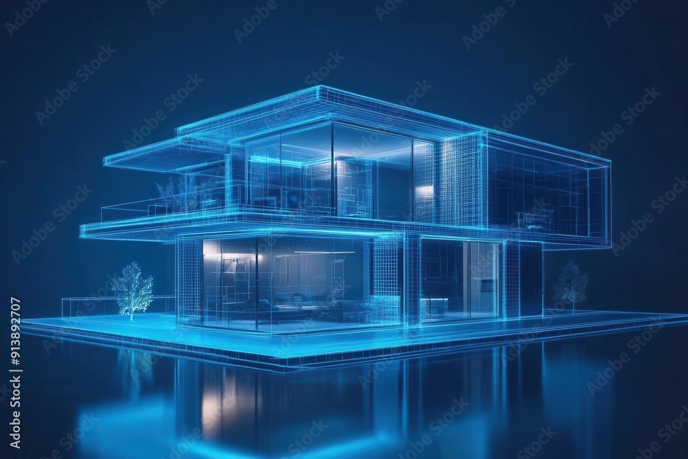 floating 3d hologram of modern house design interactive blueprint with ...