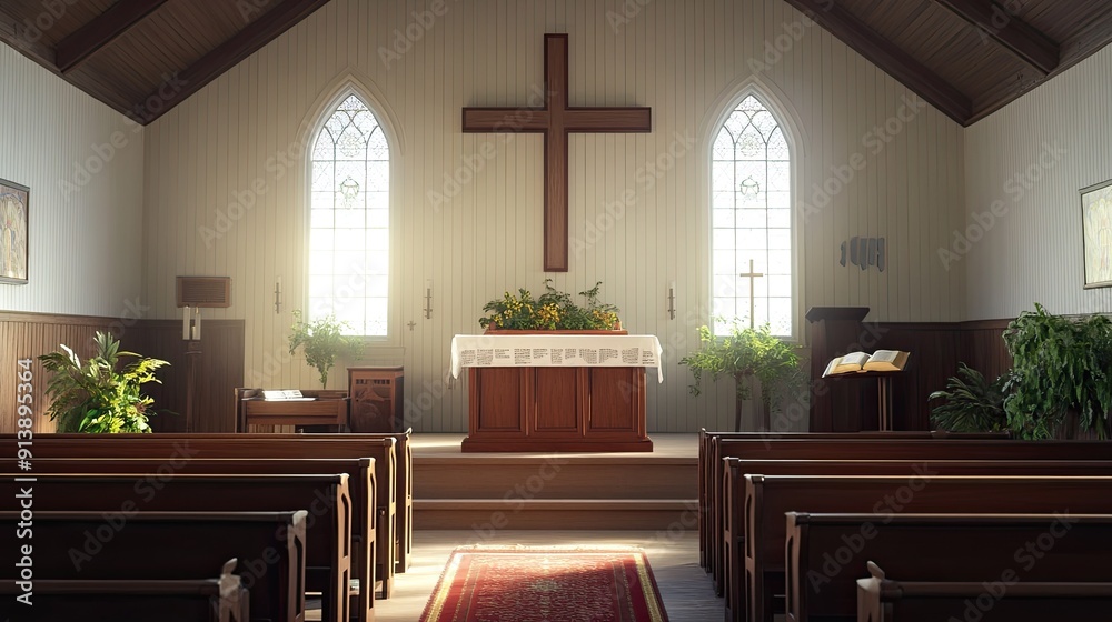 The interior of a Protestant church featuring simple decor, a wooden ...