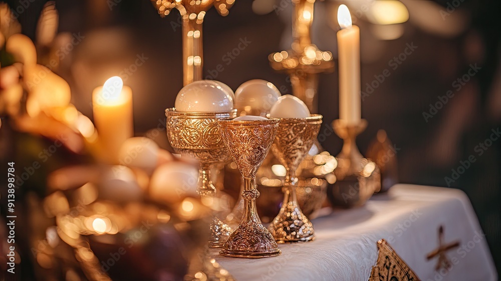 A detailed shot of the Eucharist elements on an altar, ready for Holy ...