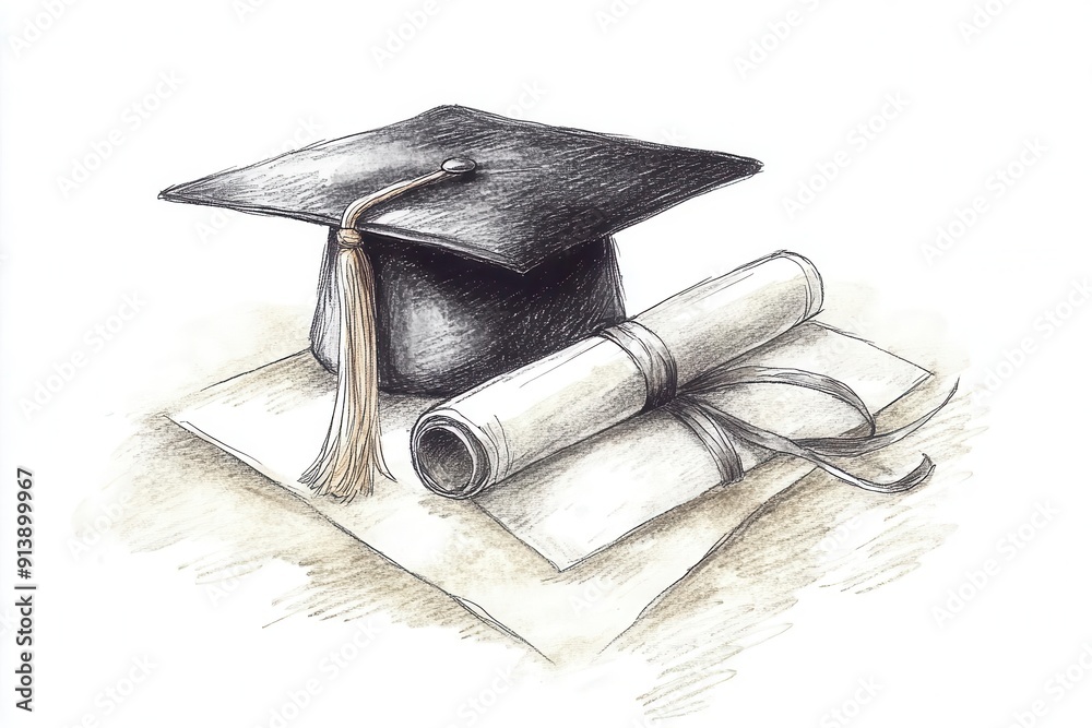 graduation symbolism sketch handdrawn mortarboard and rolled diploma ...