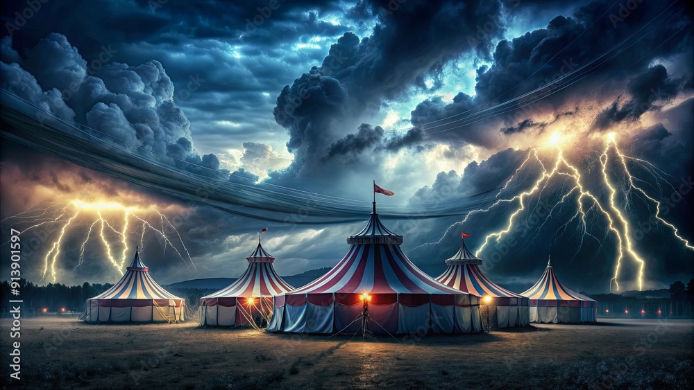 Haunted circus at stormy night with eerie lighting and creepy ...