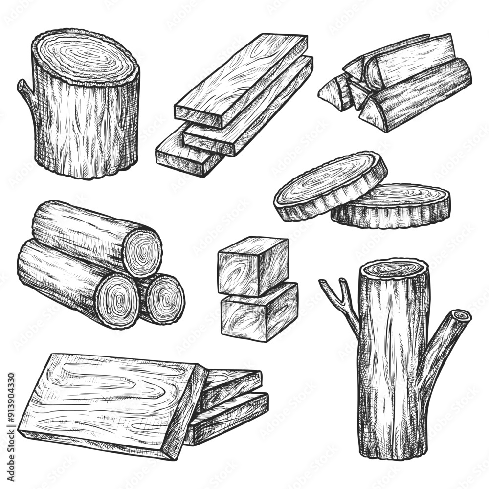 Set of chopped wood or vector cut lumber. Isolated sketch tree piece or ...