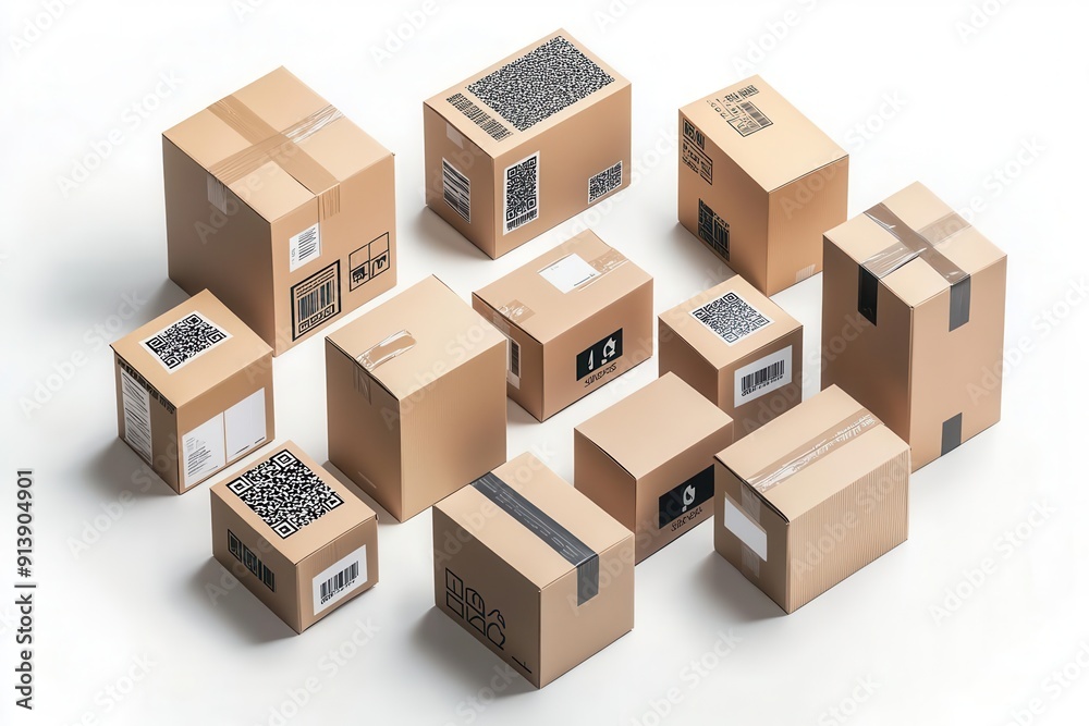 isometric arrangement of various cardboard boxes with qr codes and ...