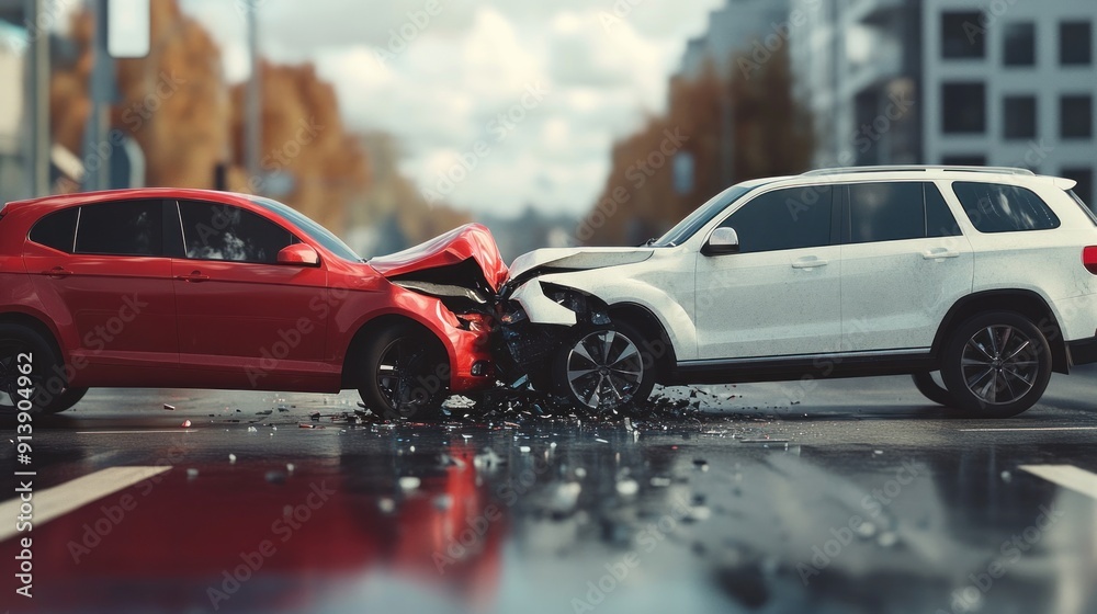 Car accident on a modern city street road, head-on collision side view ...