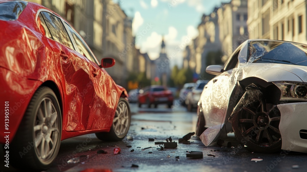 Car accident on a modern city street road, head-on collision side view ...