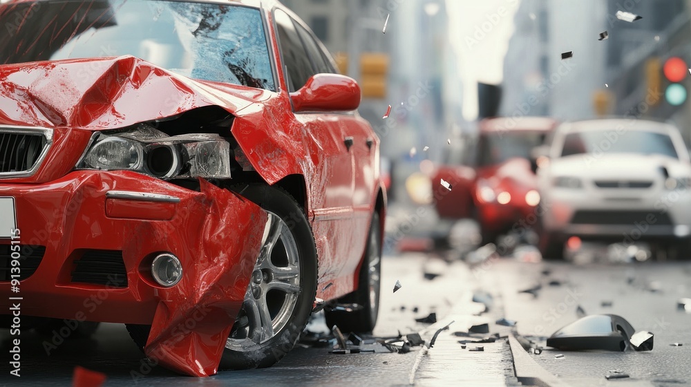 Car accident on a modern city street road, head-on collision side view ...