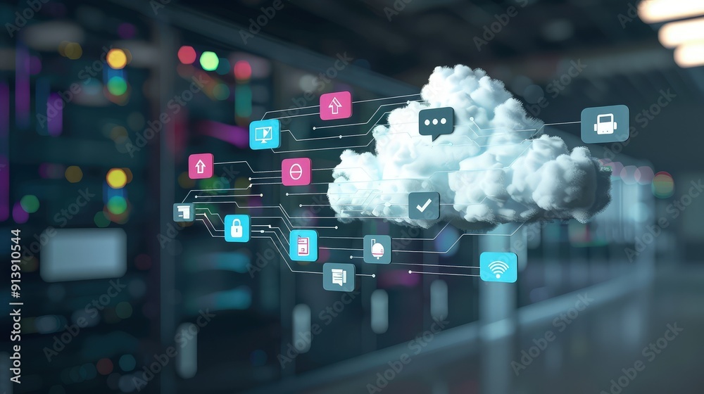 An image showing a cloud-based data storage solution linked to multiple ...