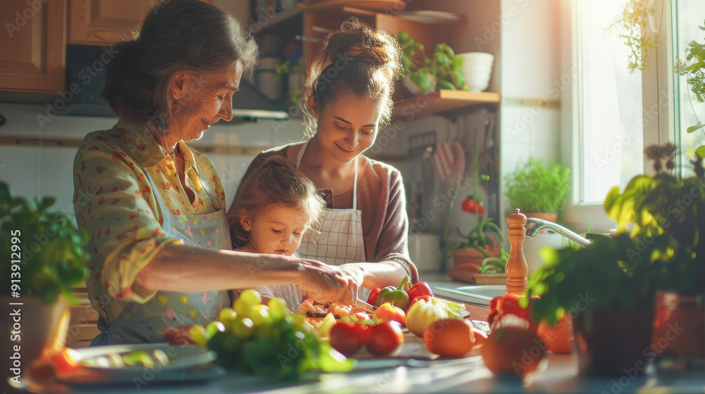 Multi generational family cooking together - Grandmother, mother and ...